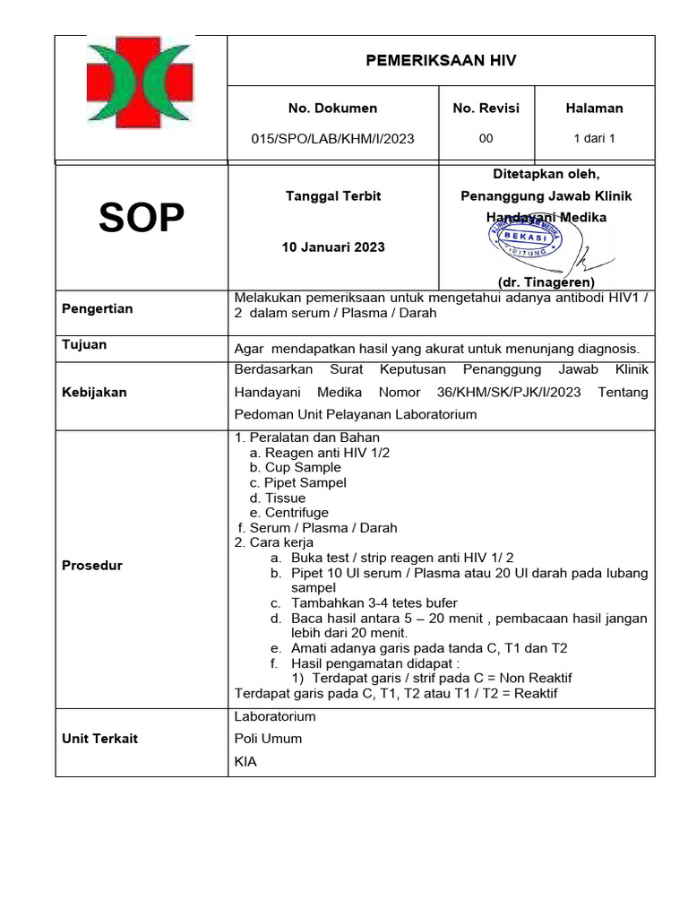 Sop Pemeriksaan Hiv | PDF
