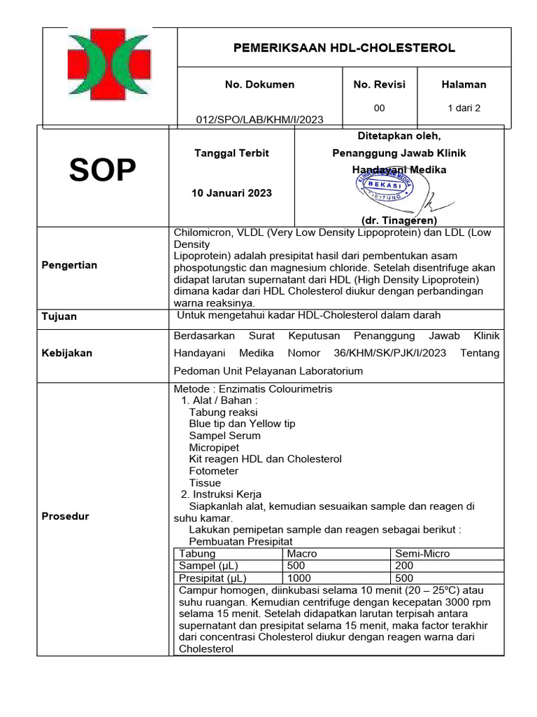 12.sop Pemeriksaan Hdl-Cholesterol | PDF