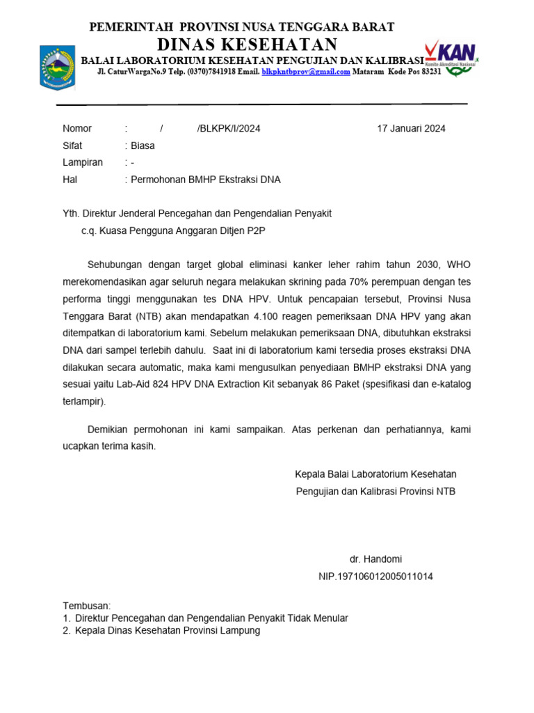 Surat Permohonan BMHP Ekstraksi DNA HPV - BLKPK | PDF