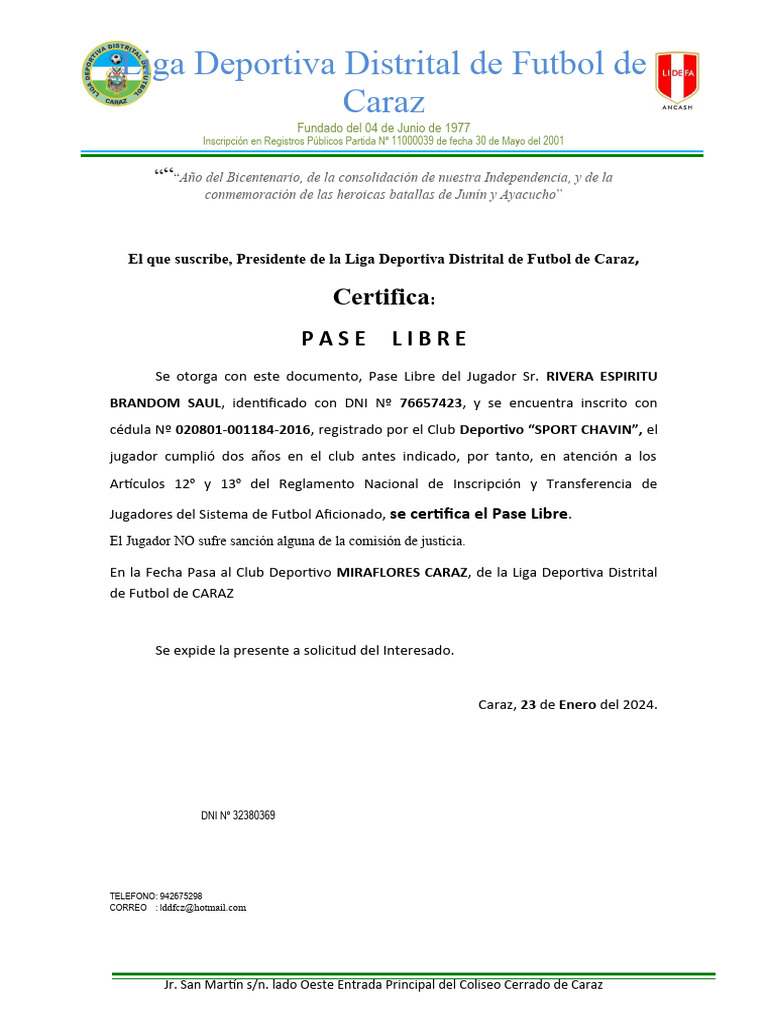 Certificación Pase Libre RIVERA ESPIRITU BRANDOM SAUL | PDF