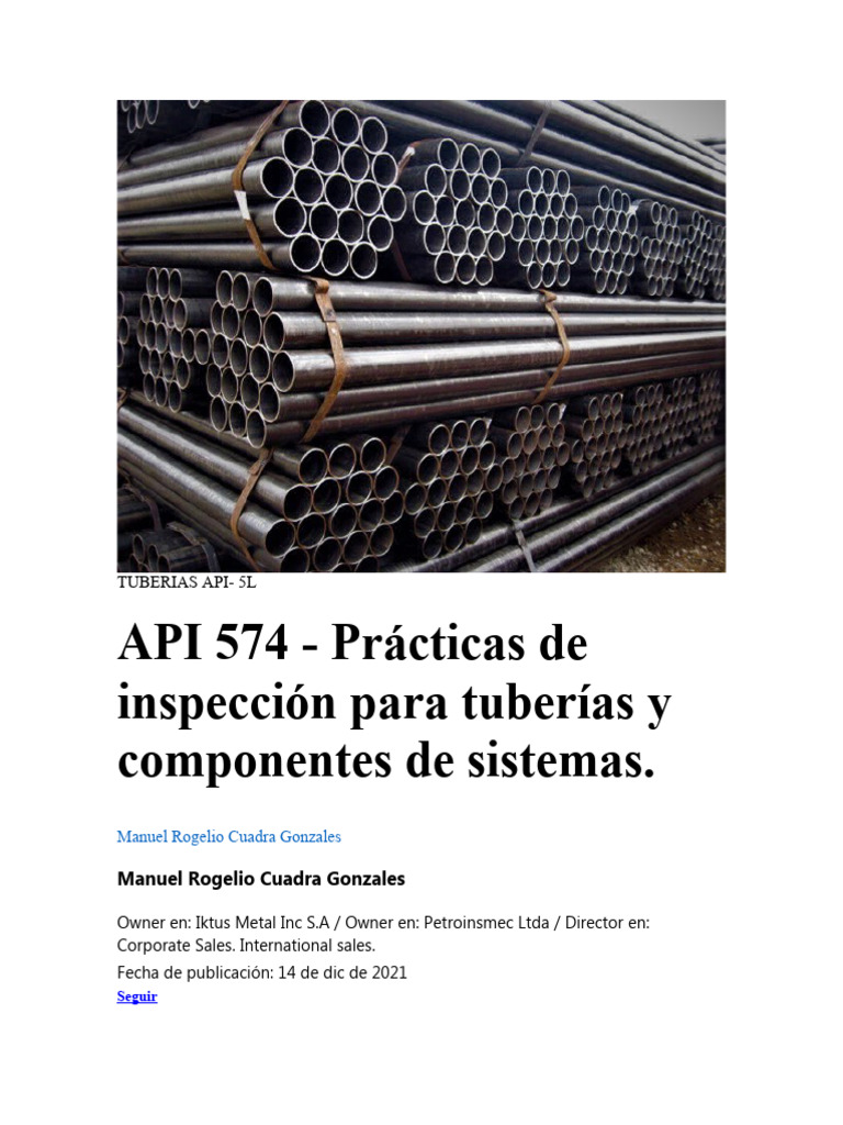 API 574 - Prácticas de Inspección para Tuberías y Componentes de ...