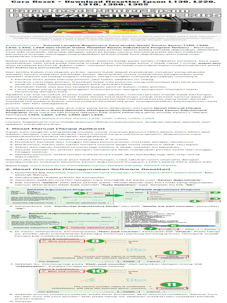 Cara Reset Epson L130 L220 L310 L360 L365 | PDF