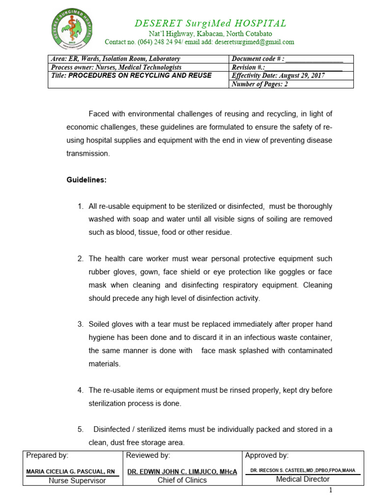 Hospital Recycling and Reuse Procedures | PDF | Health Care | Medical ...