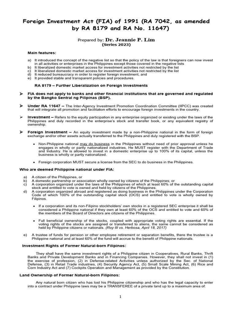 Foreign Investment Act RA 7042 As Amended by RA 8179 RA 11647 | PDF ...