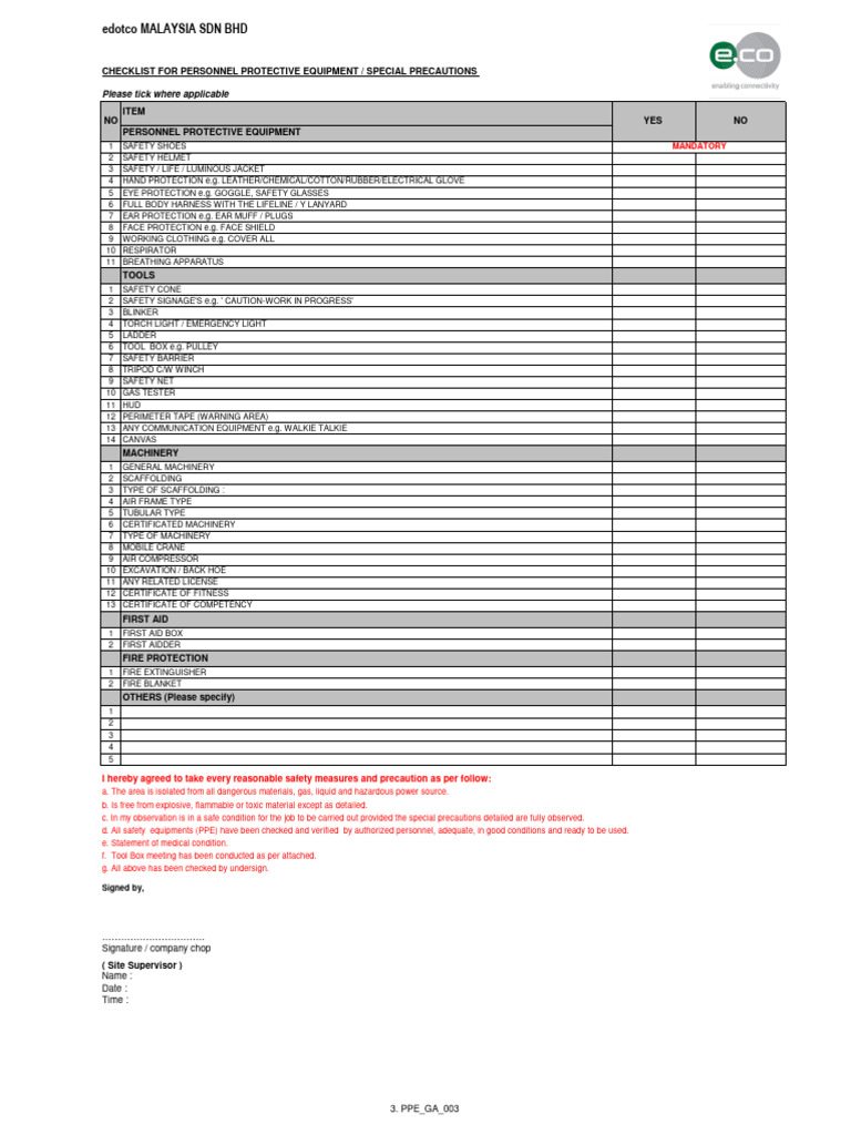 PPE Checklist | PDF | Personal Protective Equipment | Safety