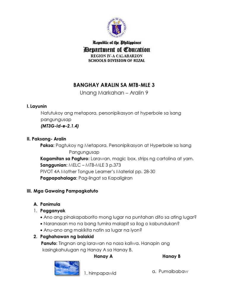 MTB MLE 3 - Quarter 1 - Competency 9 - Rosalie A. Cortuna - Rodriguez | PDF