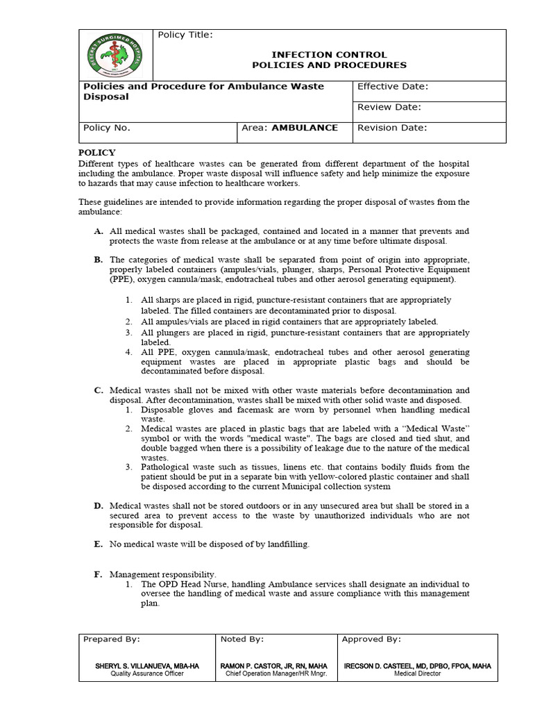 Policy On Ambulance Waste Disposal | Download Free PDF | Personal ...