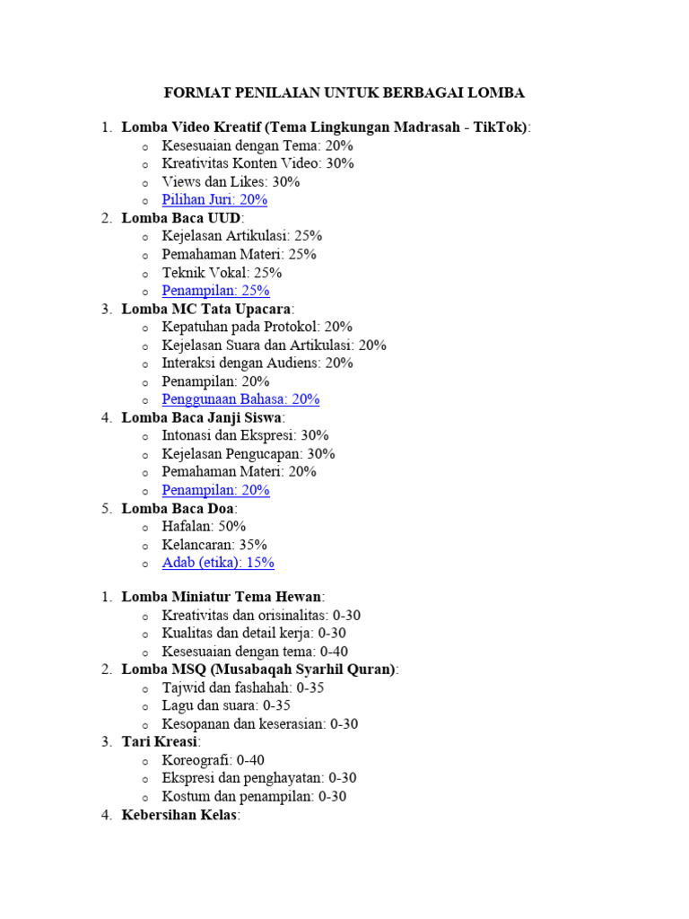 Format Penilaian Untuk Berbagai Lomba | PDF | Karier & Perkembangan | Kajian Bahasa Asing