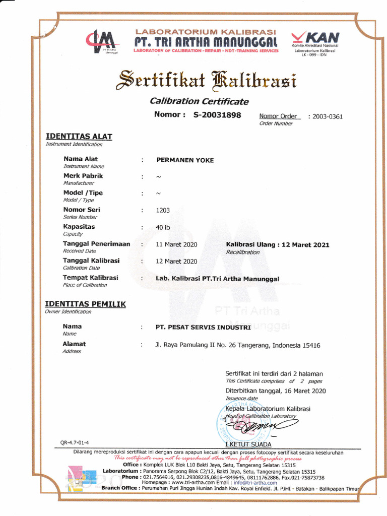 Sertifikat Kalibrasi Alat | PDF