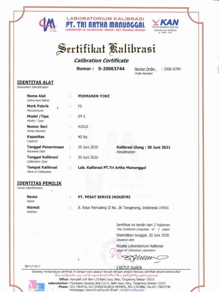 Cert. Yoke Permanent Sn. A2810 | PDF