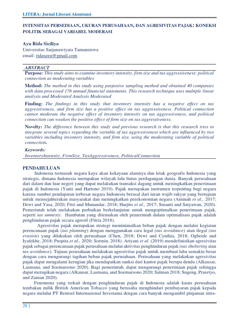 1) Persediaan, Ukuran, & Moderasi Koneksi PLTK THDP Agresivitas Pajak, Ayu Rida Siciliya (V ...