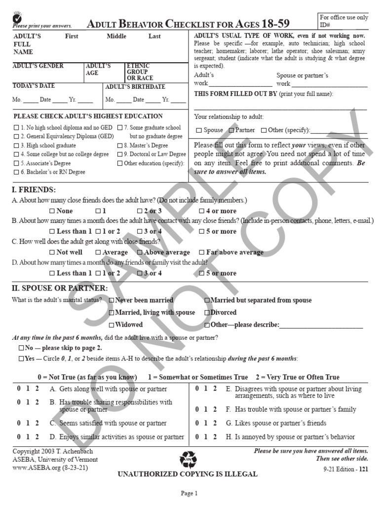 Adult Behavior Checklist (By Caregiver) | PDF | Academic Degree | Pain