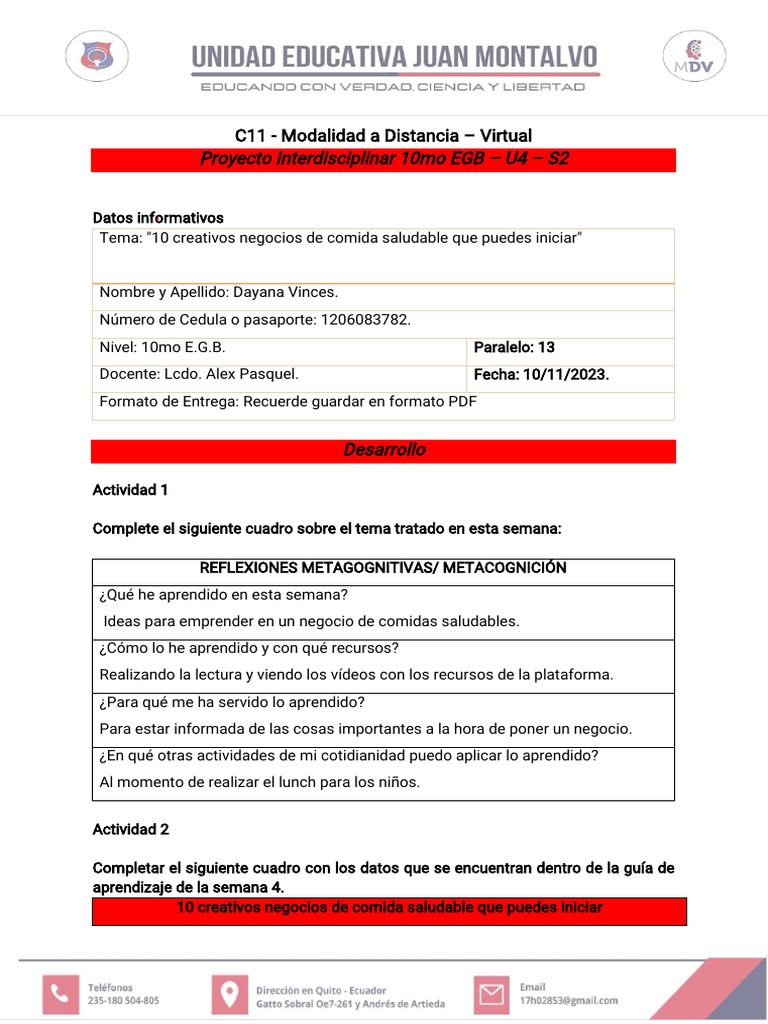 Actividad de Aprendizaje Proyecto Interdisciplinar - 10mo EGB - U4 - S2 | PDF