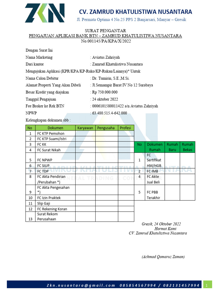 Surat Pengantar Aplikasi BTN | PDF