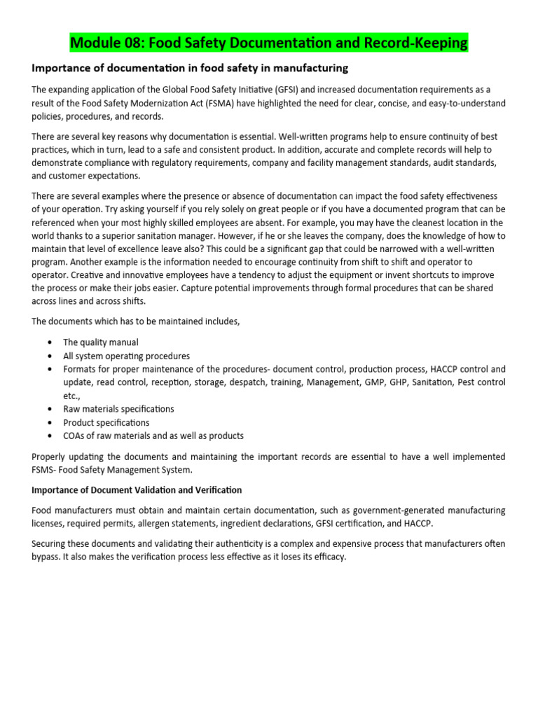 Module 08 Food Safety Documentation and Record-Keeping | PDF | Version ...