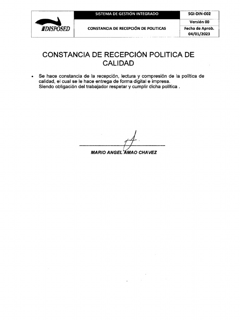 Constancia Recepcion Politica de Calidad | PDF