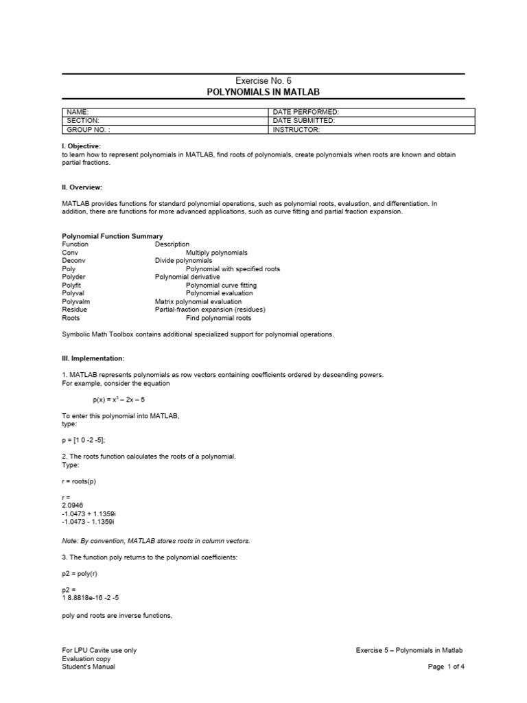 MATLAB Polynomial Guide | PDF | Polynomial | Derivative