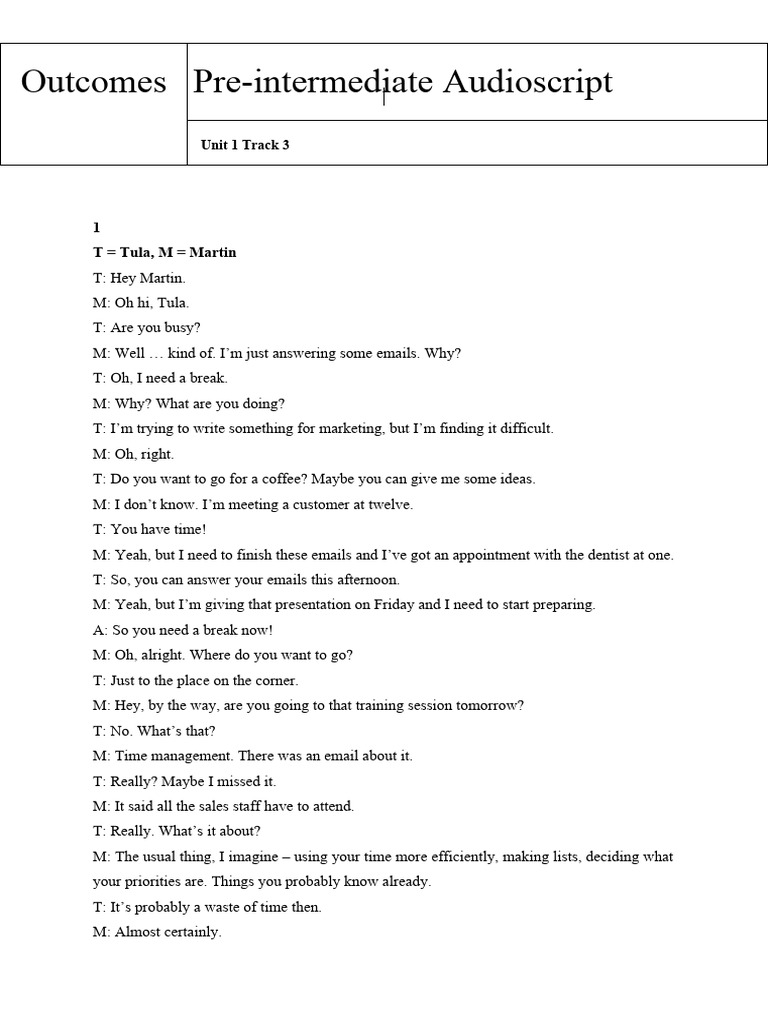 Pre-Intermediate Audio Script: Unit 1 Track 3 | PDF | Language Arts ...