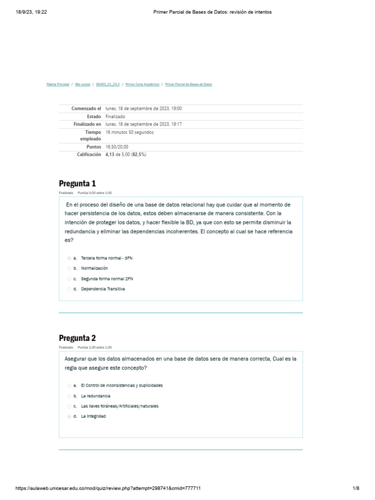 Primer Parcial de Bases de Datos - Revisión de Intentos | Descargar gratis PDF | Bases de datos ...