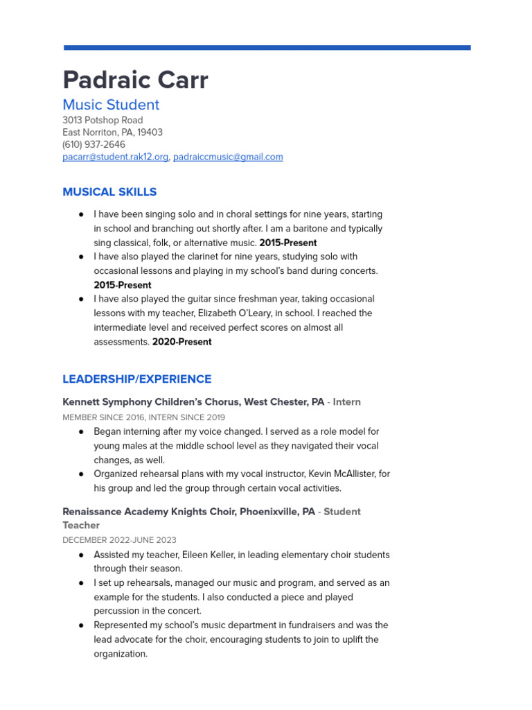 Padraic Carr: Music Student Resume | PDF | Choir | Singing