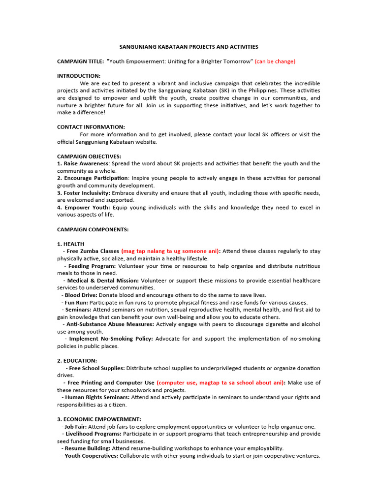 Sanguniang Kabataan Projects and Activities 2 | PDF | Emergency Management | Community