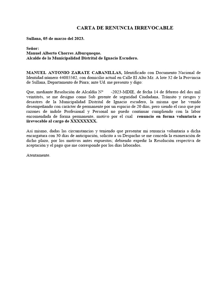 Carta De Renuncia Irrevocable My Zarate Pdf 8061