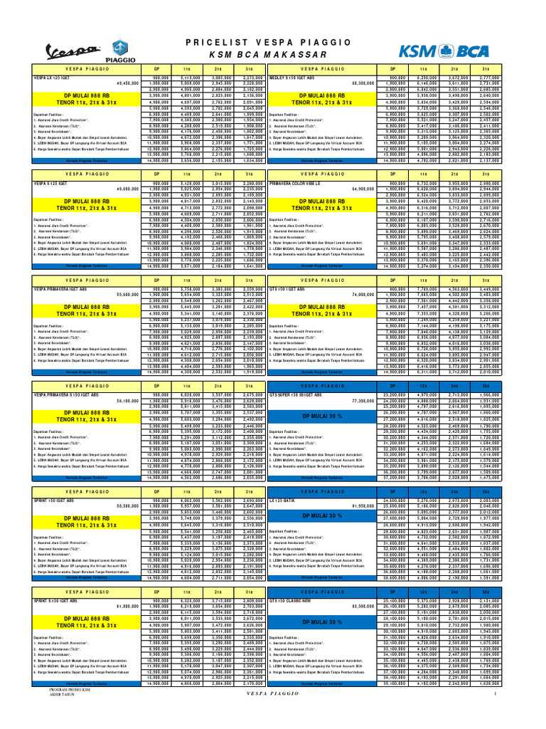 Pricelist Vespa KSM Bca Makassar (Rev I) | PDF