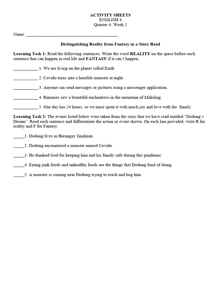 ENGLISH 4 Activity Sheet Q4 W1 | PDF