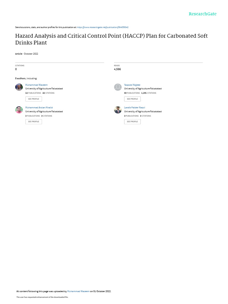 Hazard Analysisand Critical Control Point HACCPPlanfor Carbonated Soft Drinks Plant | PDF ...