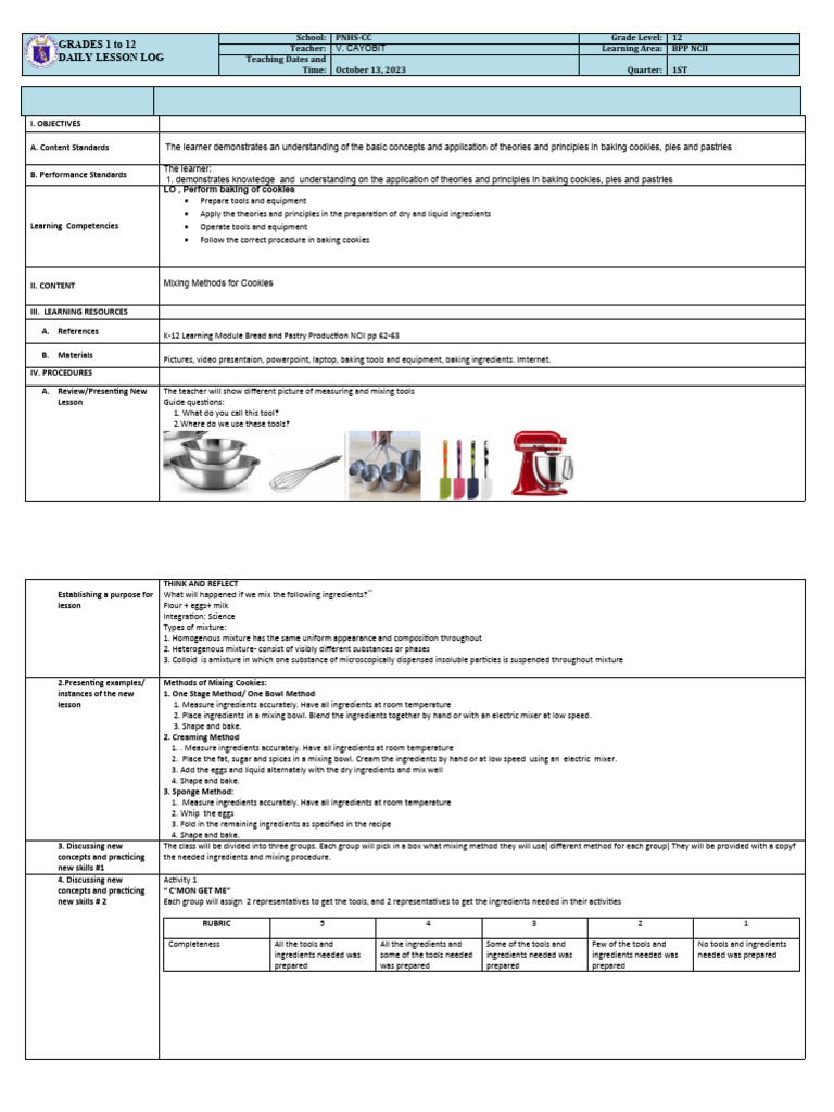 DLL - BPP Cot 1 | PDF | Mixture | Baking