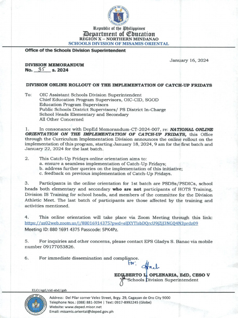 dm035s.2024 Division Online Rollout On The Implementation of Catch-Up ...