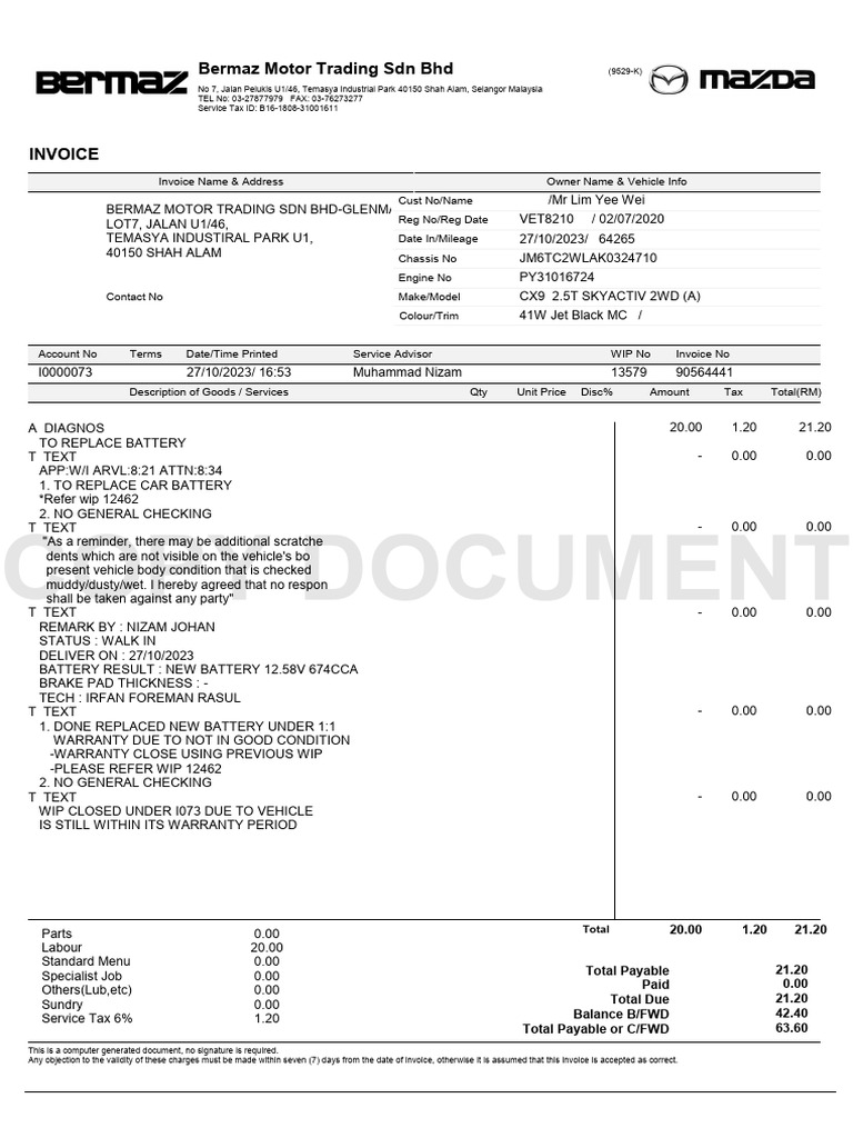 Battery Replacement Invoice - Bermaz Motor | PDF | Automotive ...