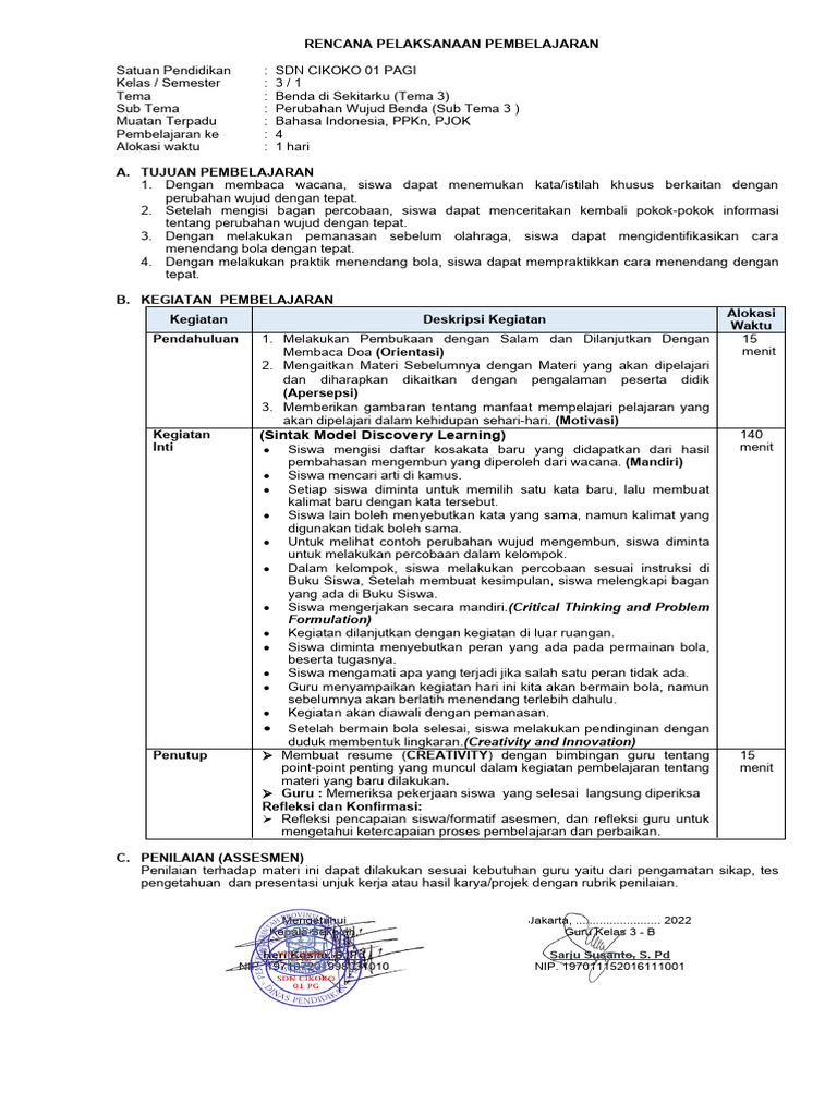 RPP Tema 3 Sub Tema 3 PB 4 Kelas 3 | PDF | Karier & Perkembangan