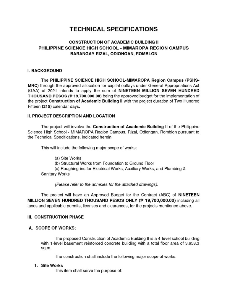 Technical Specifications - Construction of Academic Building II | PDF | Specification (Technical ...