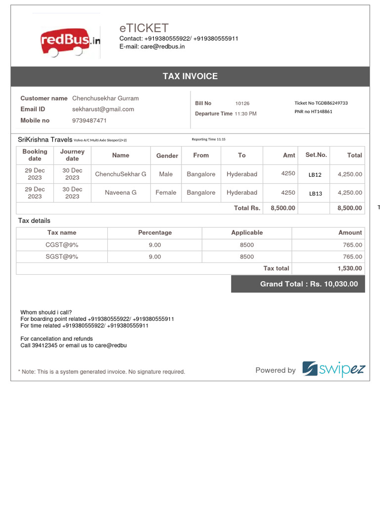 Eticket: Tax Invoice | Download Free PDF | Payments