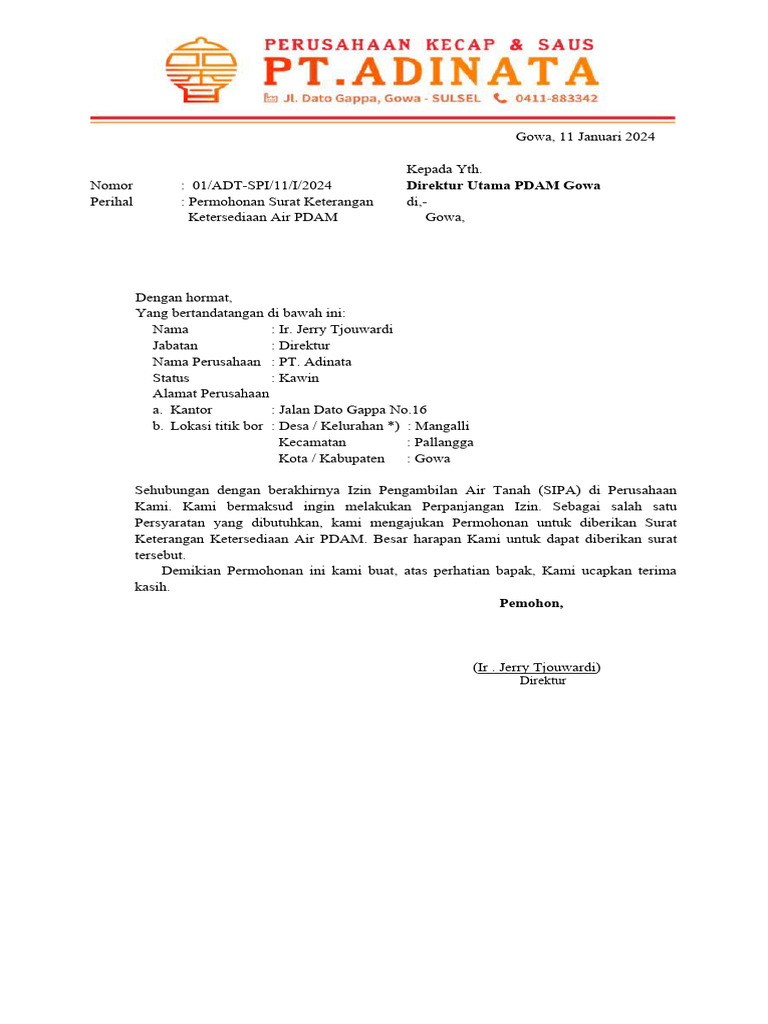 Surat Permohonan Pengajuan Surat Keterangan Pdam | PDF