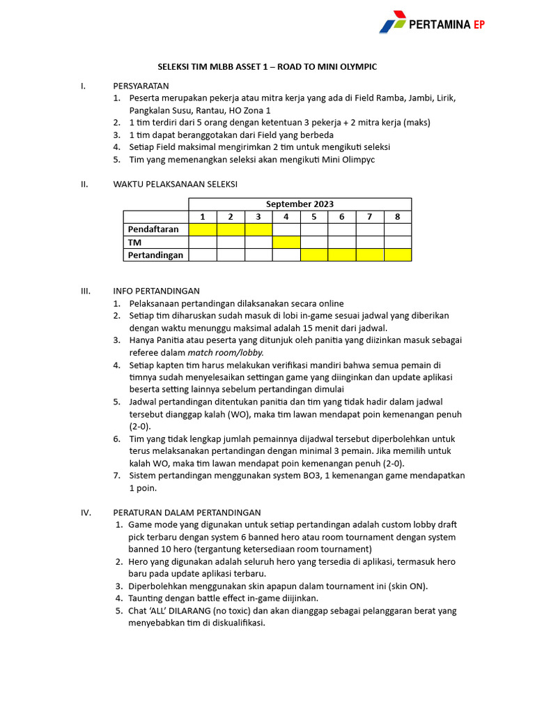 Seleksi Tim MLBB Pertamina EP 2023 | PDF