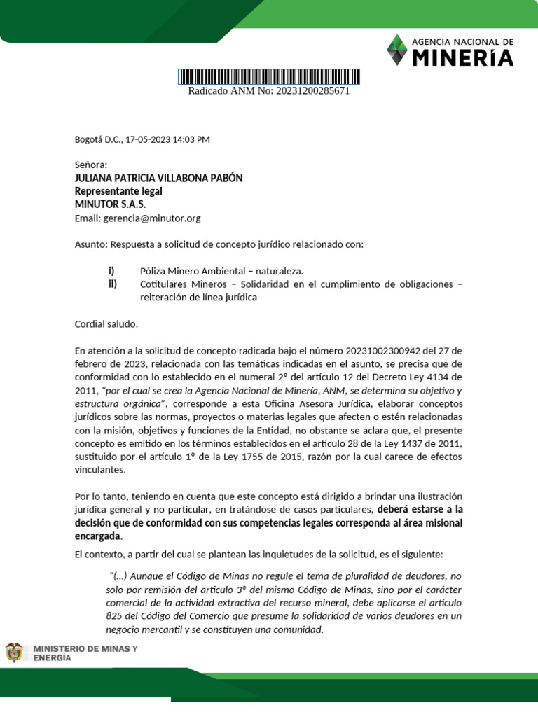 Juliana Patricia Villabona Pabón Representante Legal Minutor S.A.S | PDF