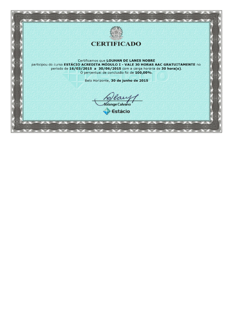 Certificado Curso Estacio Acredita Modul I | PDF