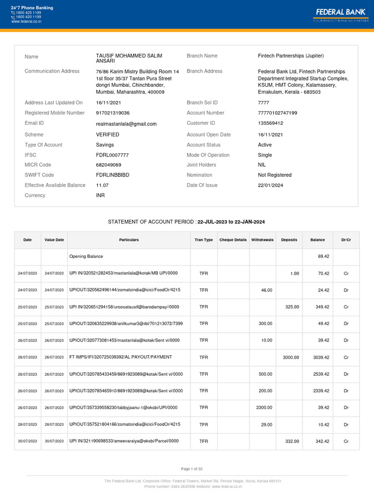 Federal Bank Account Statement Summary | PDF | Banks | Cheque