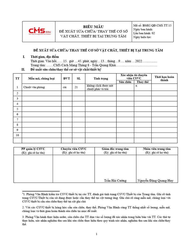 BM02.QĐ.cms.TT.15.Đề Xuất Sửa Chữa, Thay Thế CSVC,Thiết Bị Tại TT | PDF