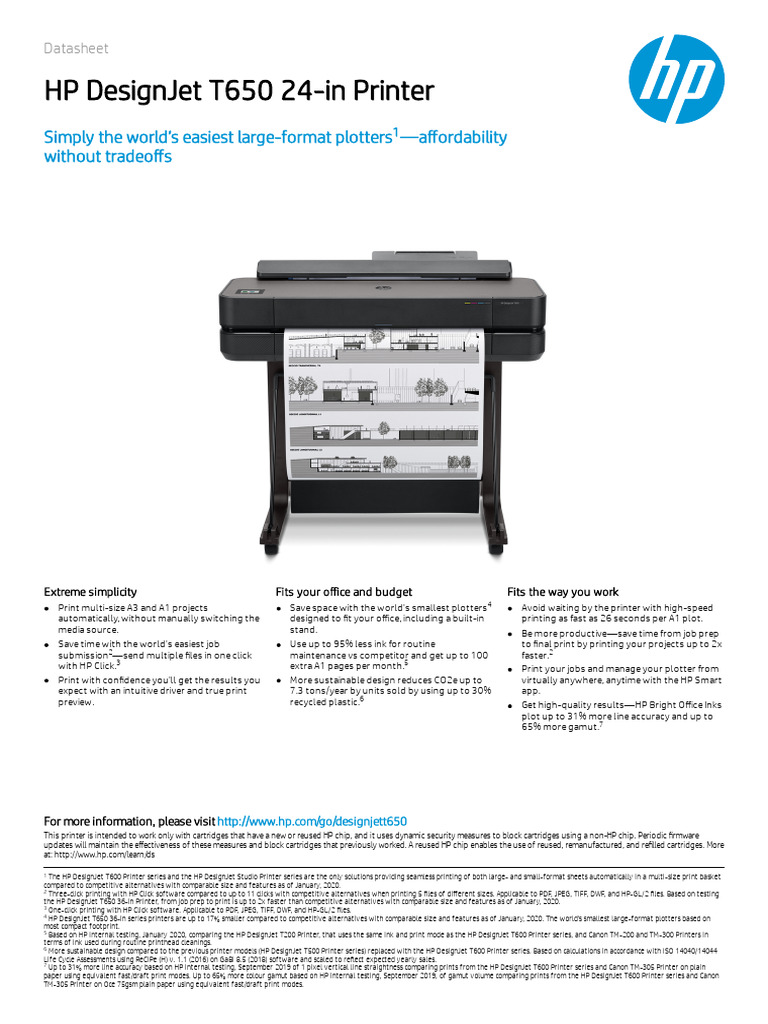 HP DesignJet T650 24" Printer Datasheet | PDF | Printer (Computing) | Graphic Design