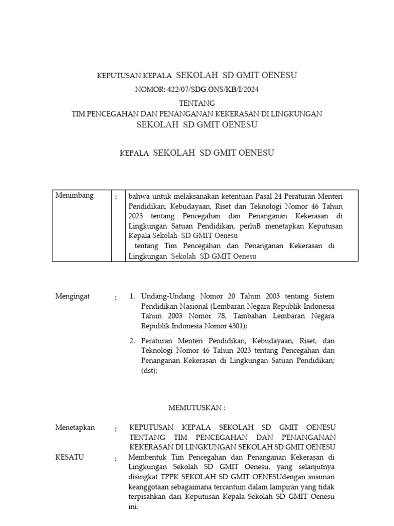 Lampiran 2 - Contoh SK Kepala Satuan Pendidikan Pembentukan TPPK (File ...