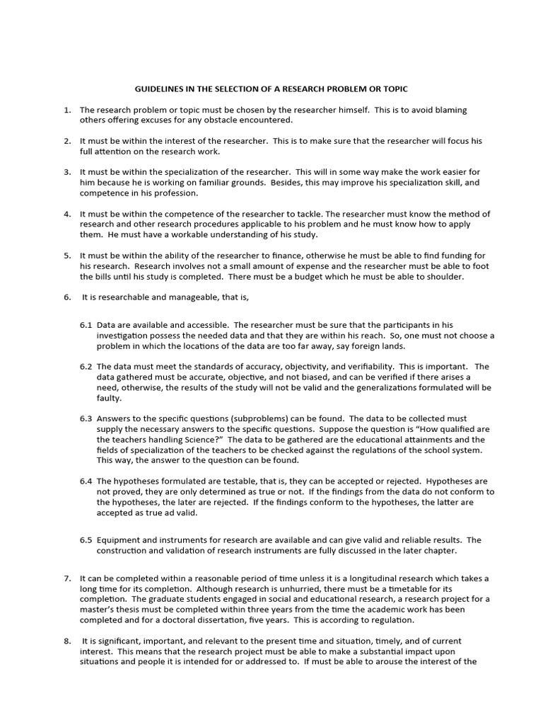 Guidelines in The Selection of A Research Problem or Topic | PDF ...