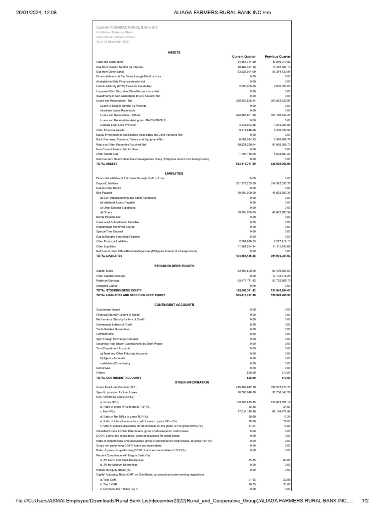 ALIAGA FARMERS RURAL BANK INC - HTM | PDF | Equity (Finance) | Banks