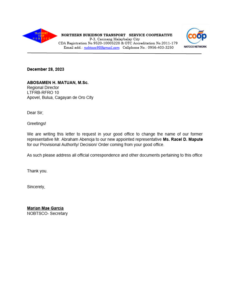 Letter To Ltfrbchange Name Rep | PDF