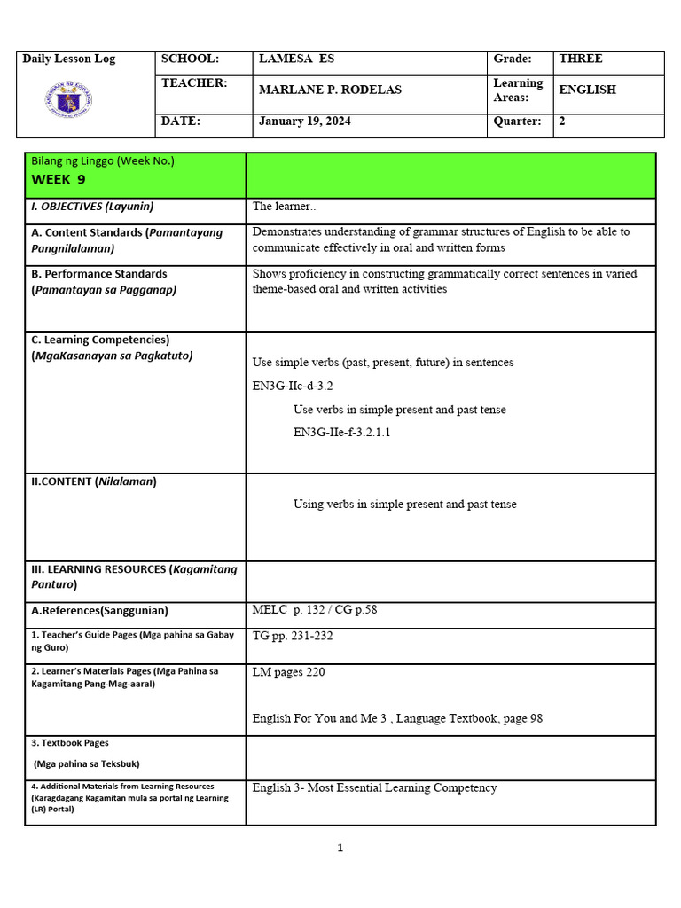 ENGLISH - DLL - Q2 - W8-Day 4 | PDF | Grammatical Tense | English Language