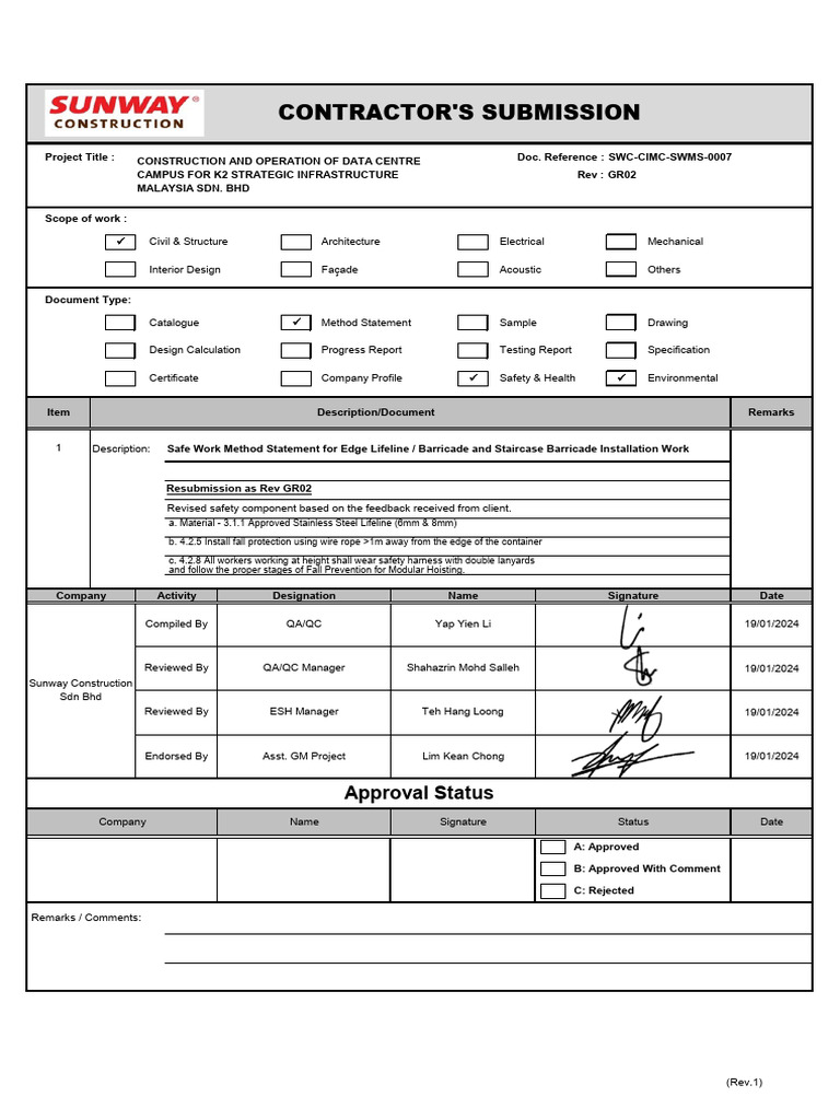 SWC-CIMC-SWMS-0007 Edge Lifeline Barricade & Staircase Barricade | PDF | Risk | Waste