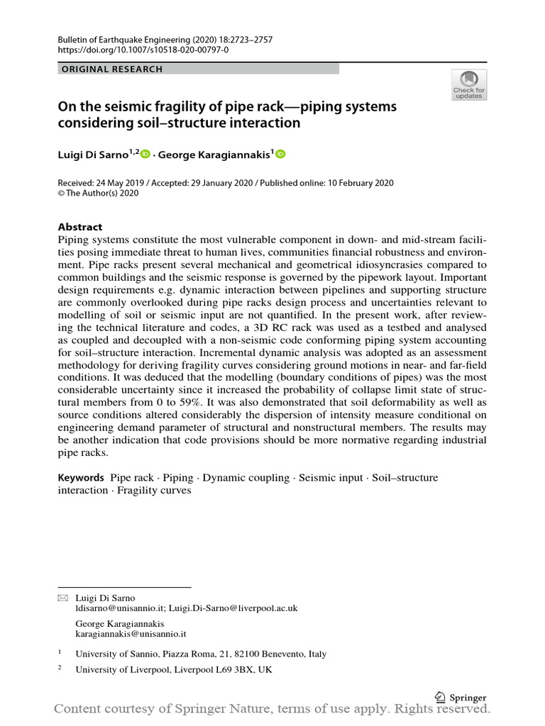 On The Seismic Fragility of Pipe Rack-Piping Syste | PDF | Earthquake ...