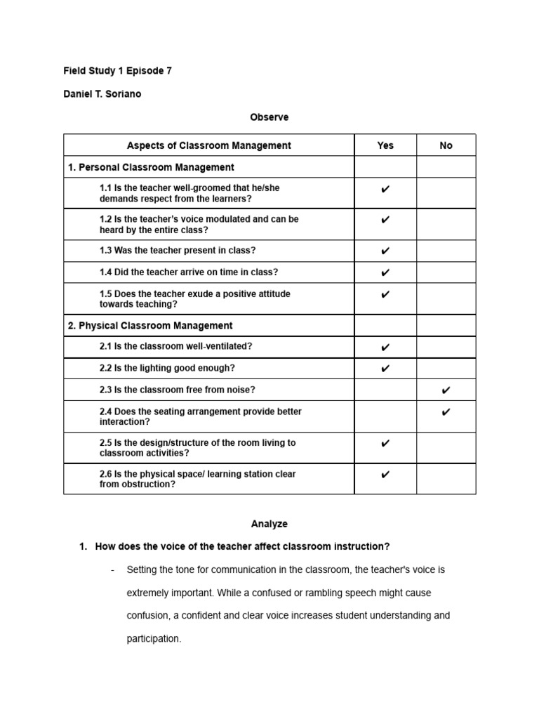 (SORIANO, DANIEL) Field Study 1 Episode 7 | PDF | Classroom Management ...